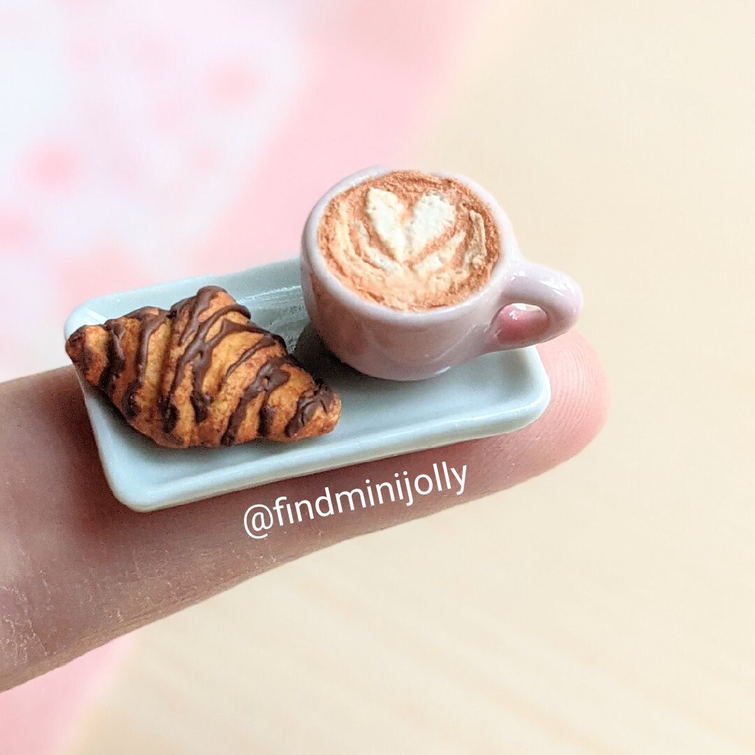 Miniature Cafe Latte, Chocolate Croissant, Miniature Food 1:6 ...