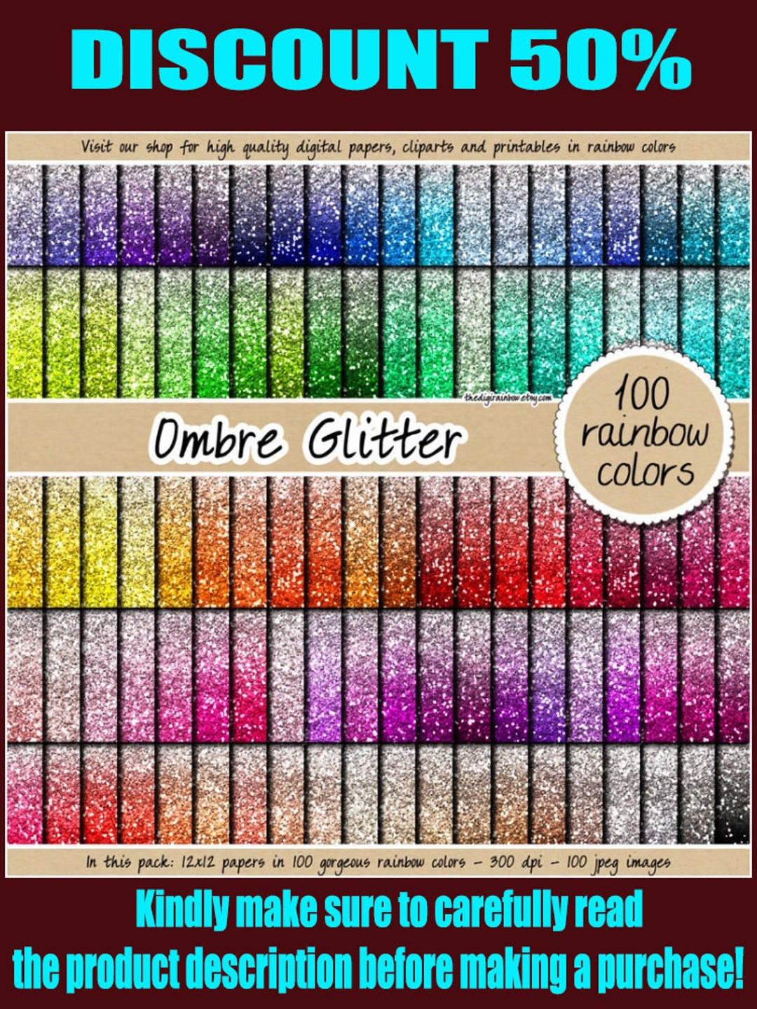 100 Ombre Glitter Digital Paper, Rainbow Glitter Digital Paper Gradient ...