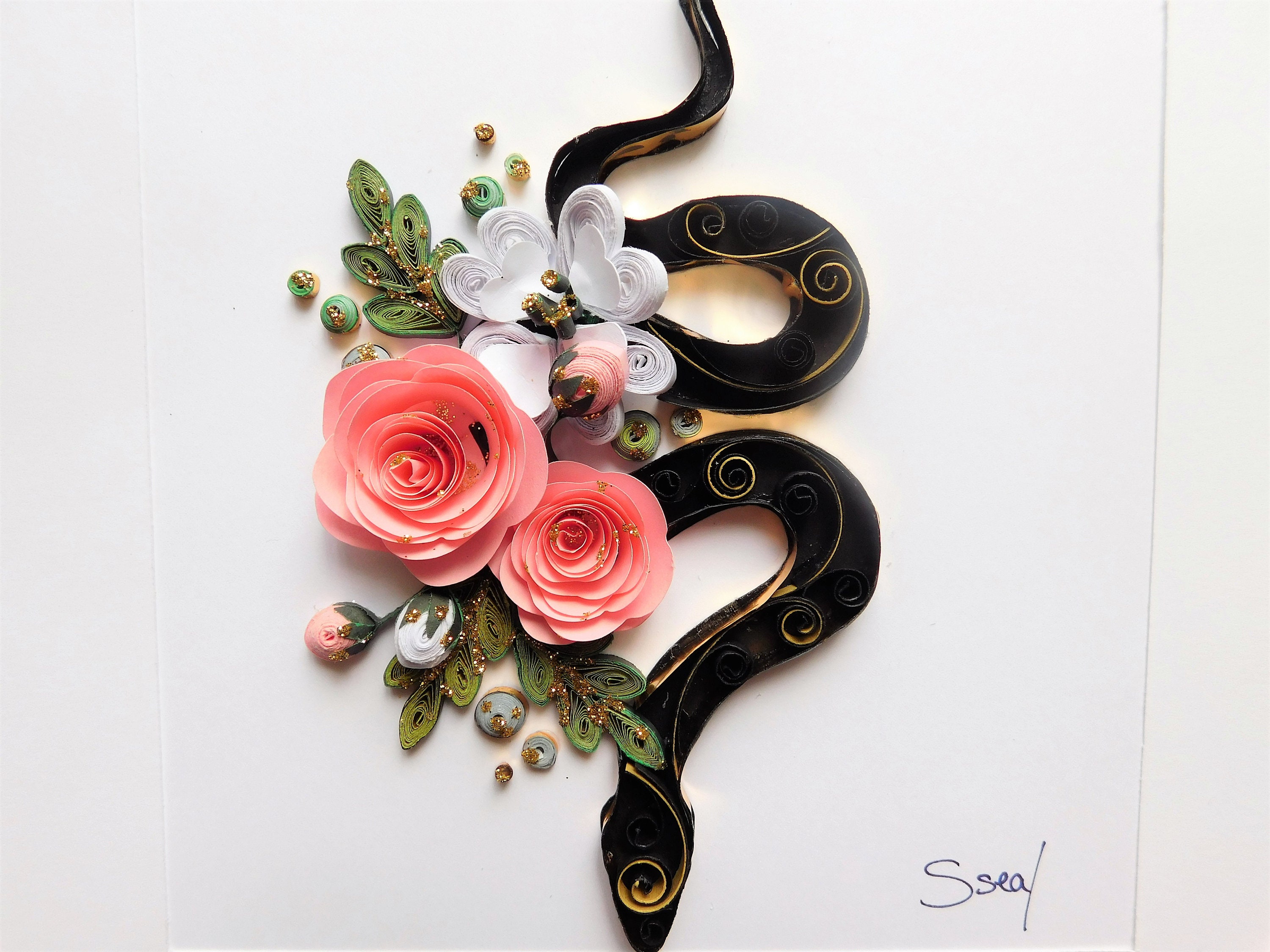 Black Snake With Roses and Gold Trim-signatire Artwork-quilled Art - Etsy