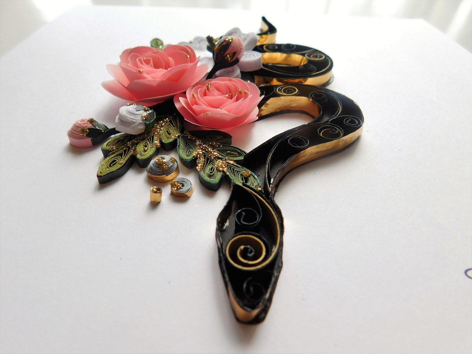 Black Snake With Roses and Gold Trim-signatire Artwork-quilled Art - Etsy