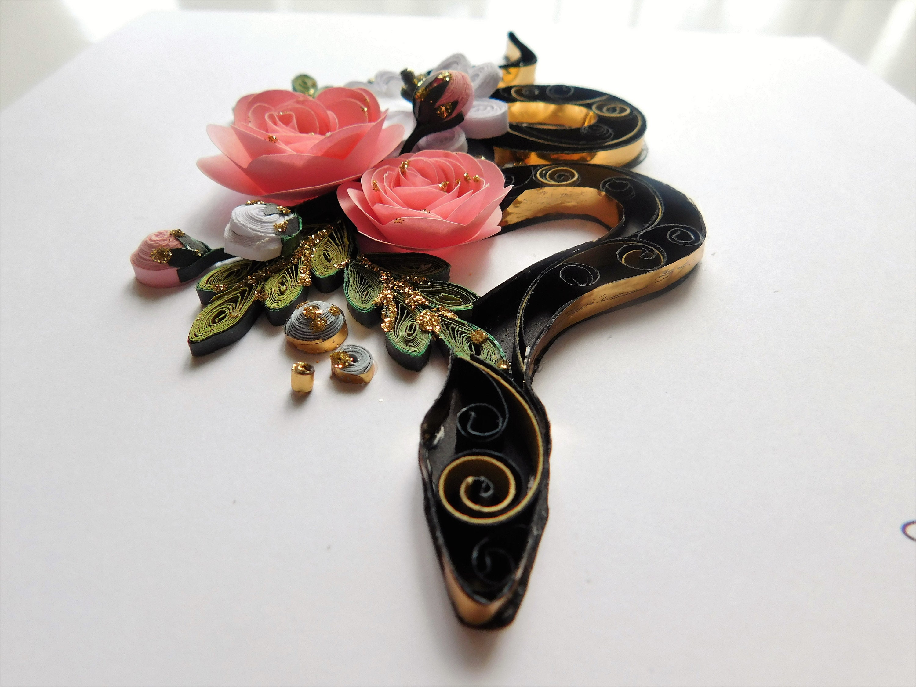 Black Snake With Roses and Gold Trim-signatire Artwork-quilled Art - Etsy