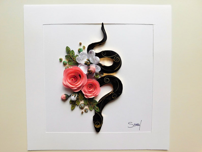 Black Snake With Roses and Gold Trim-signatire Artwork-quilled Art - Etsy