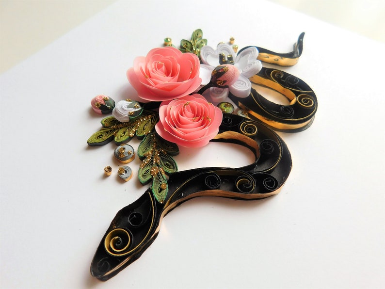 Black Snake With Roses and Gold Trim-signatire Artwork-quilled Art - Etsy