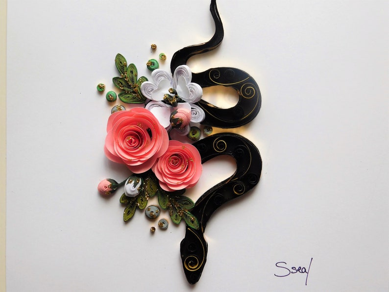 Black Snake With Roses and Gold Trim-signatire Artwork-quilled Art - Etsy