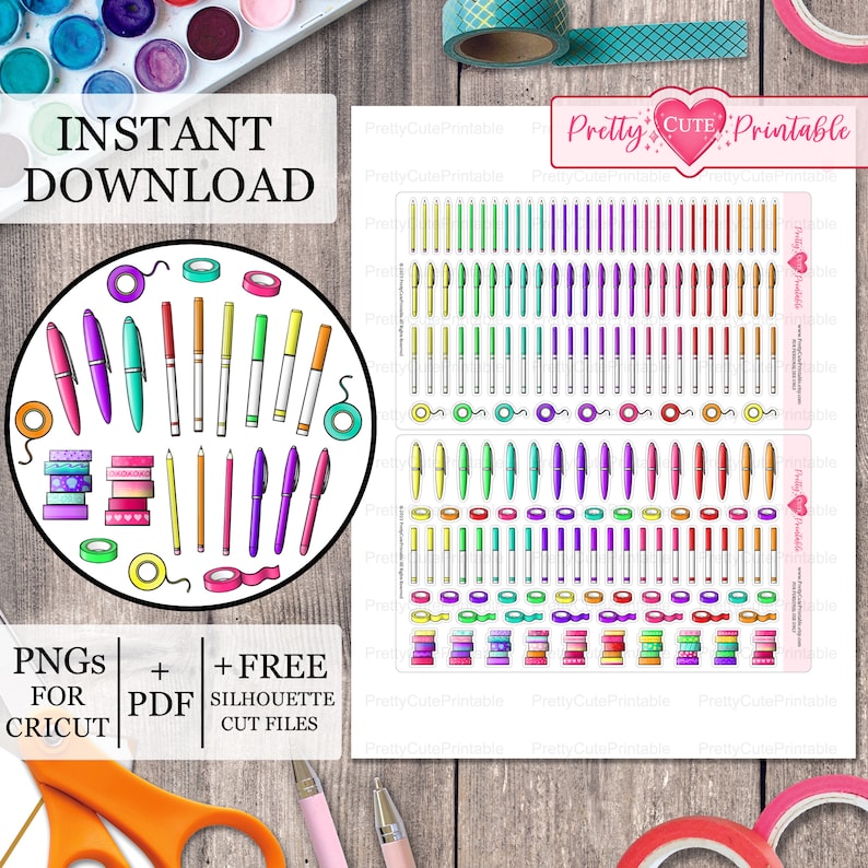 PENS AND MARKERS Printable Planner Stickers/pens/washi Tape/pencils ...