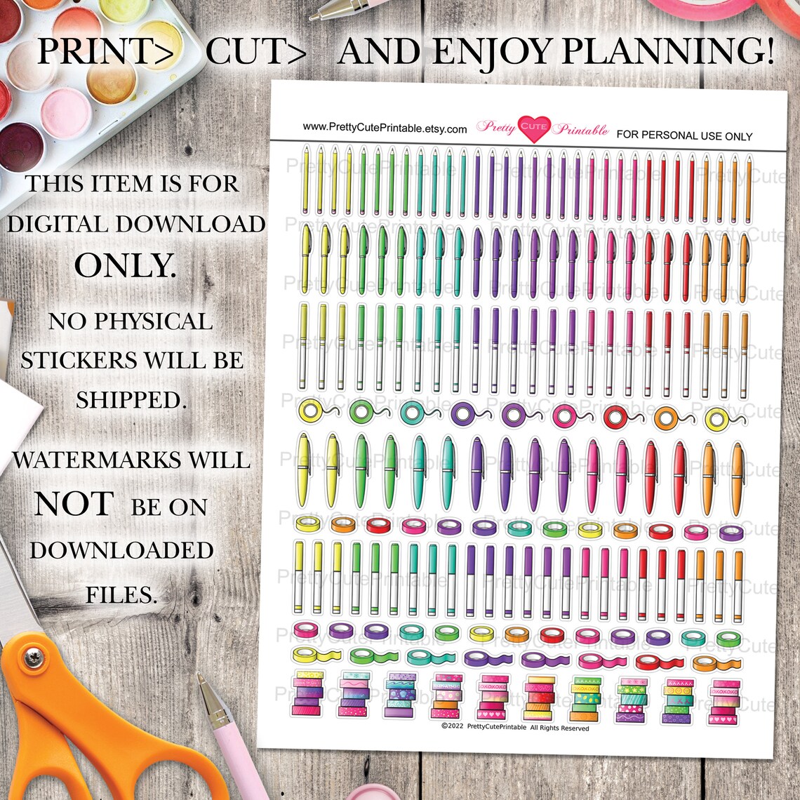 PENS AND MARKERS Printable Planner Stickers/pens/washi - Etsy