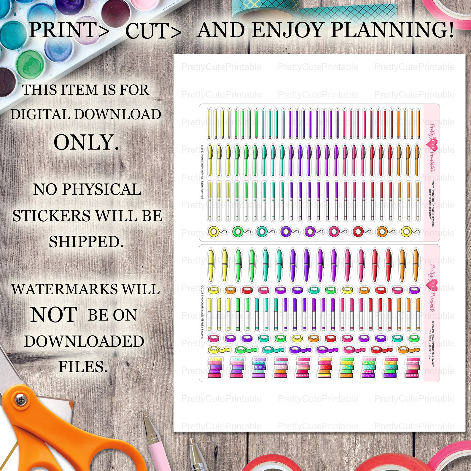 PENS AND MARKERS Printable Planner Stickers/pens/washi Tape/pencils ...