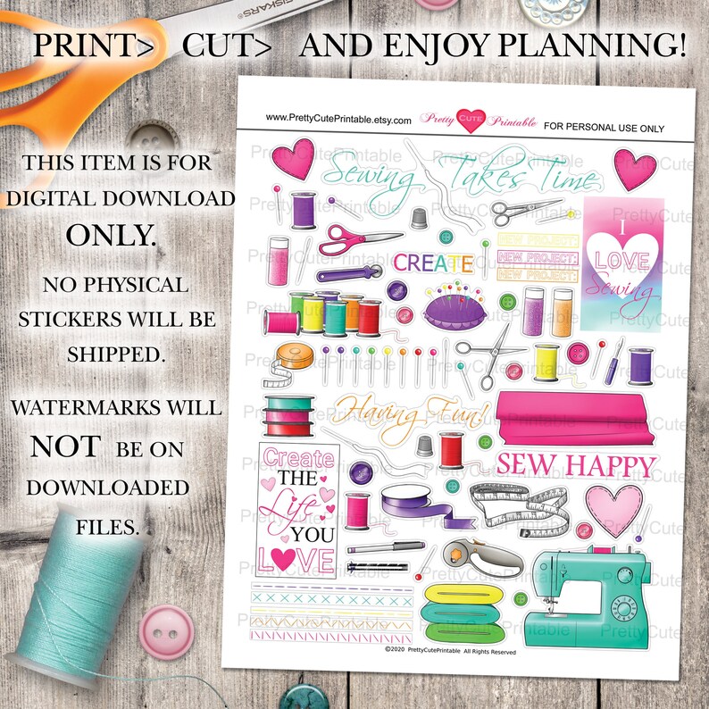 SEWING STICKERS Printable Planner Stickers/decorative Cute Crafty Hobby ...