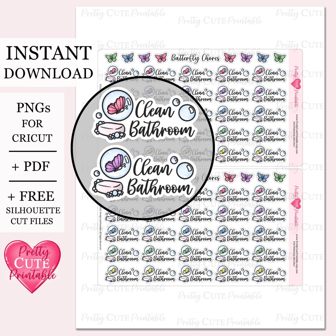 Clean Bathroom Printable Planner Stickers Butterfly Chore Functional ...