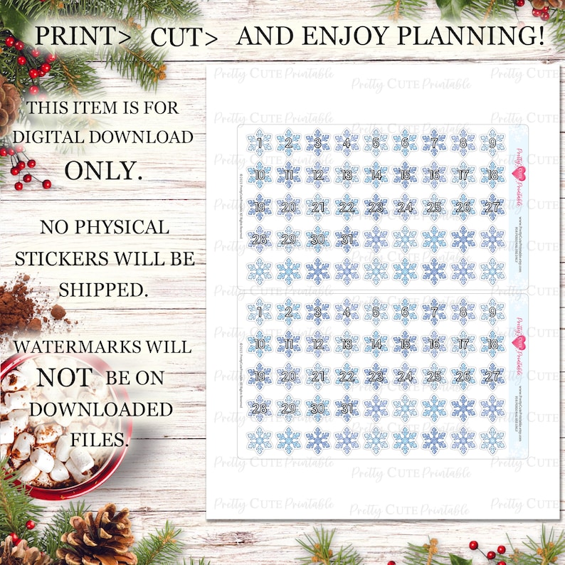 Snowflake Date Cover Printable Planner Stickers Winter Wonderland ...