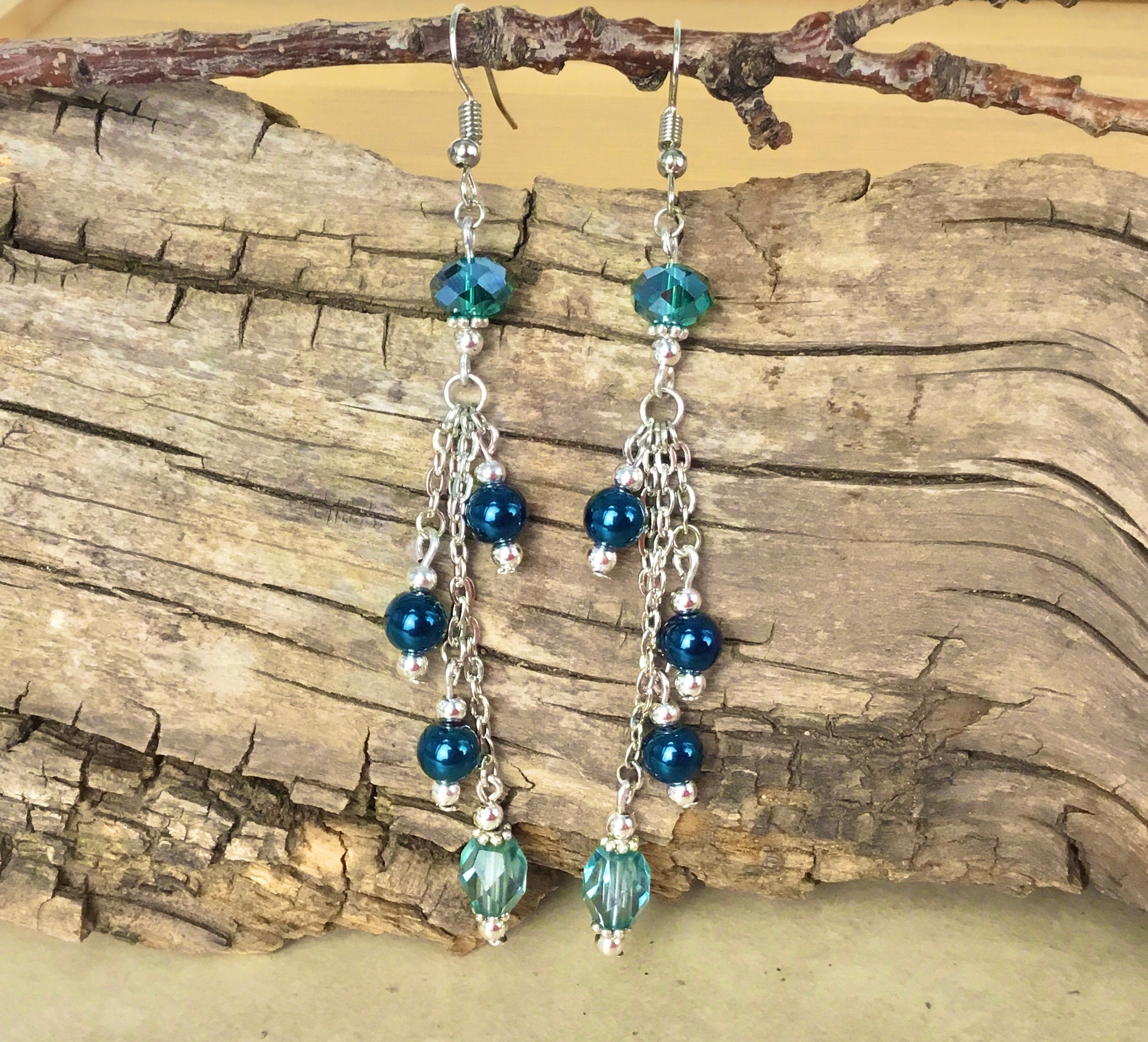 Green Blue and Silver Waterfall Charm Earrings - Etsy
