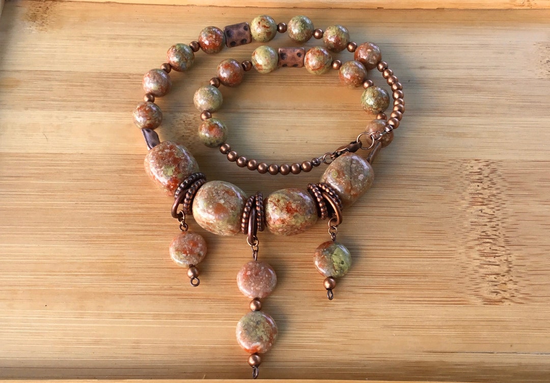 Green and Orange Epidote Jasper and Antiqued Copper Chunky Gemstone ...