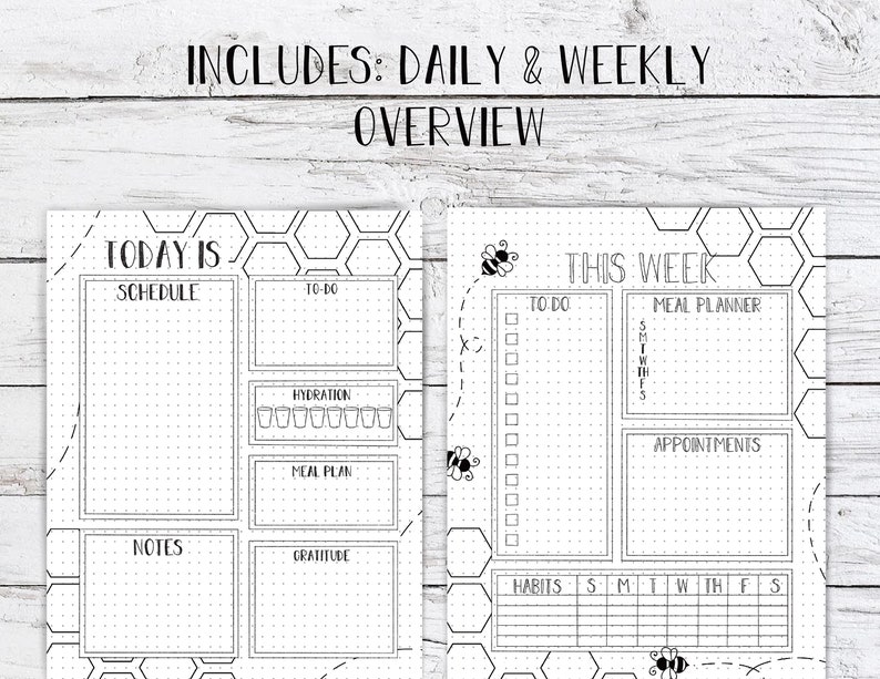 Undated Planner Pages - Bee Hive Theme, Dot Grid Background, Weekly ...