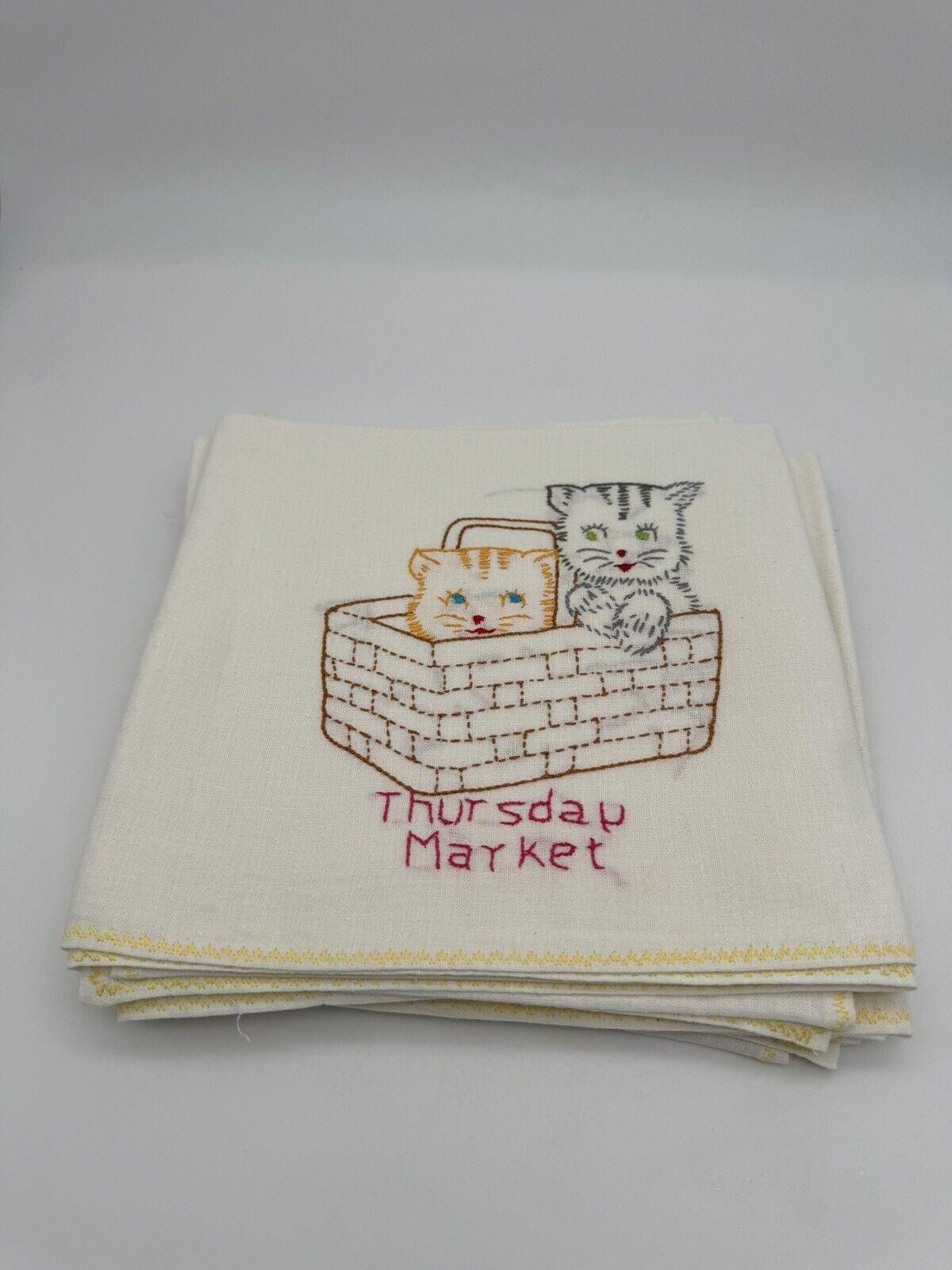 Vintage Days of the Week Embroidered Kitchen Dish Towels Cats Kittens ...