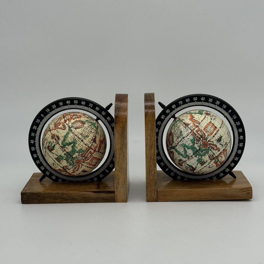 Vintage Rotating Globe Book Stop Mantle Piece Decorative Wood Art ...