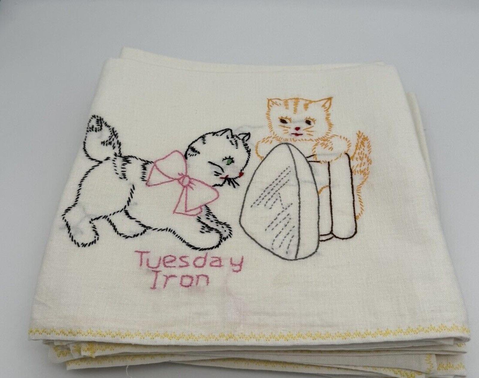 Vintage Days of the Week Embroidered Kitchen Dish Towels Cats Kittens ...
