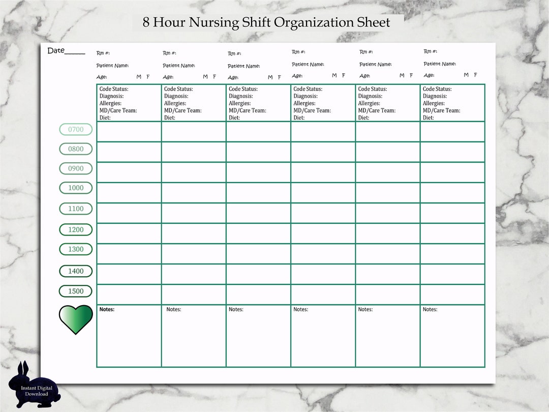 8 Hour Nursing Shift Planner, Hourly Medication and Task Sheet, RN ...