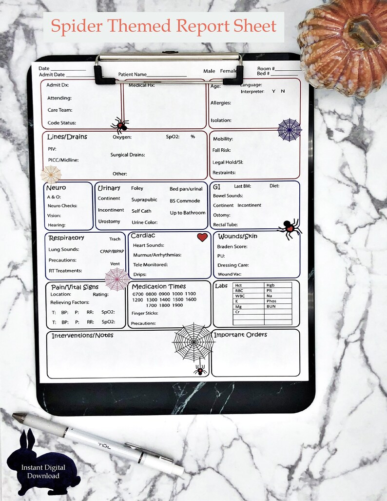 Halloween Themed Nursing Report Sheet, Pumpkin Nurse Brain, Med Surg ...