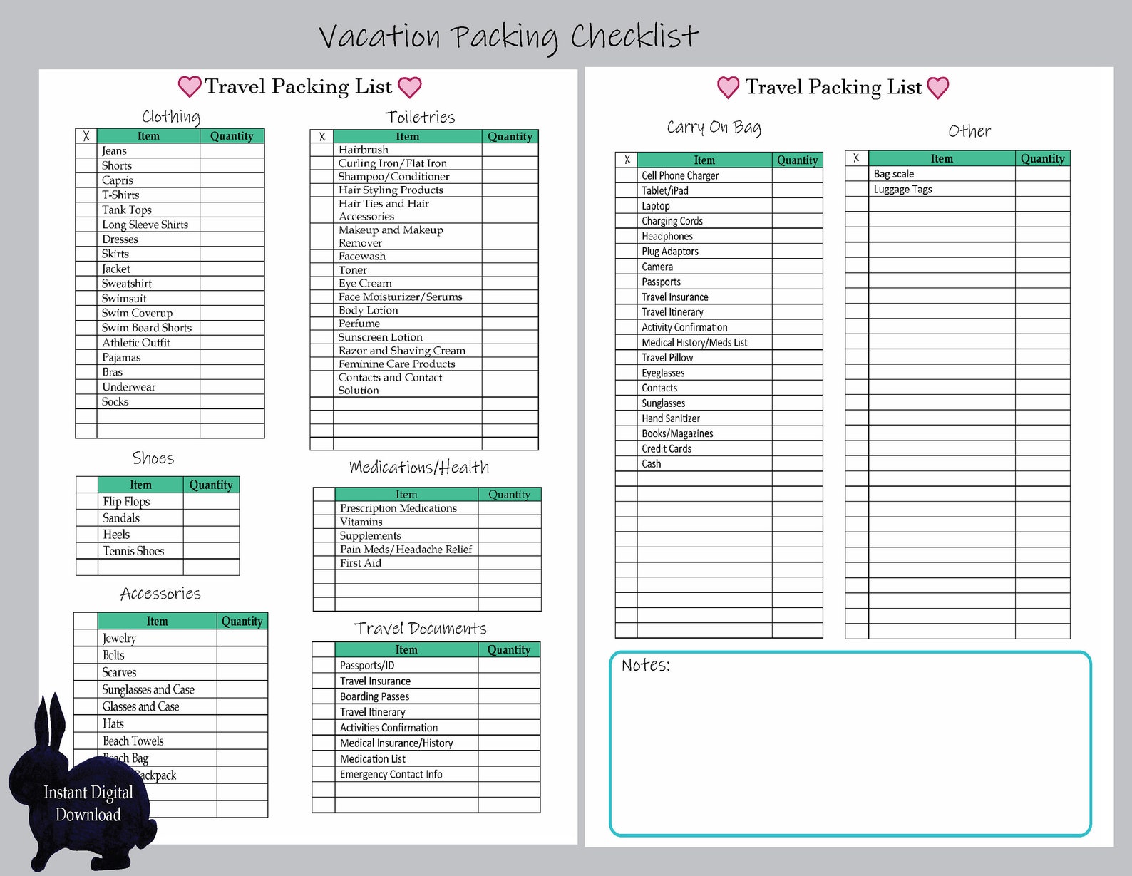 Travel Packing List Printable, Vacay Packing Checklist, Vacation ...