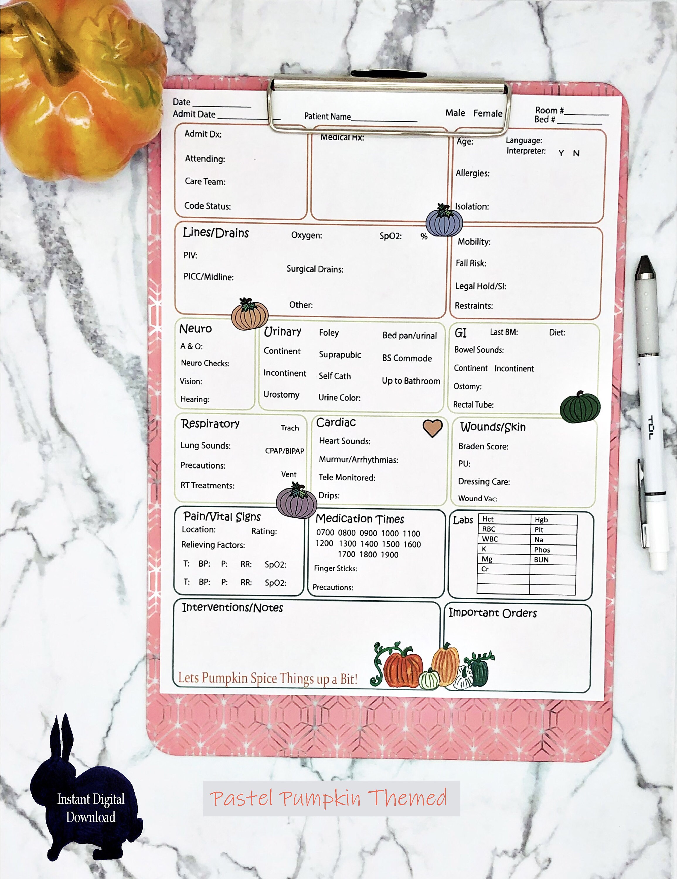 Fall Themed Nursing Report Sheet, Sunflower Nurse Brain, Autumn Med ...