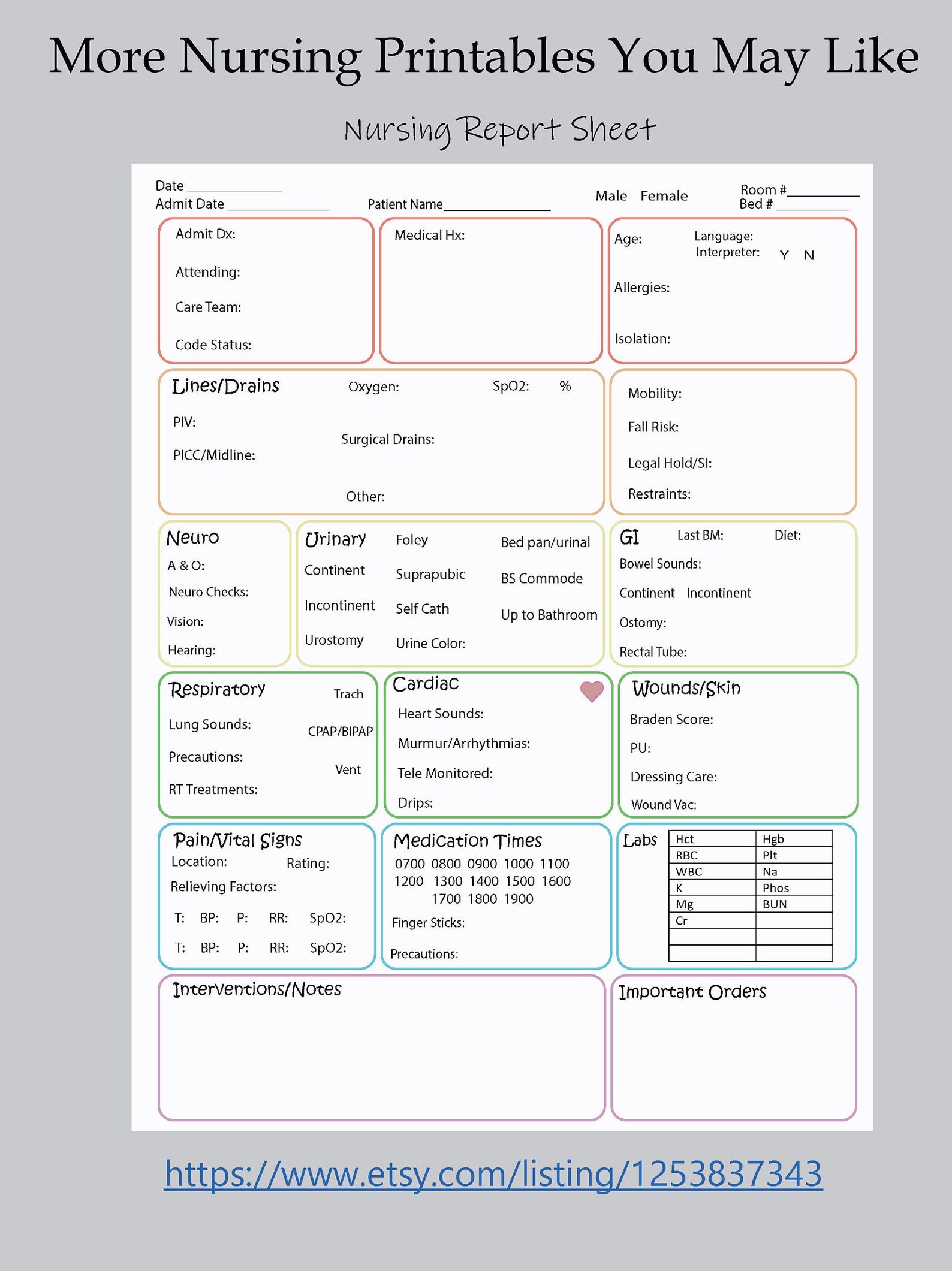 Nursing Shift Organization Sheet, Nurse Day Planner Printable, Hourly ...