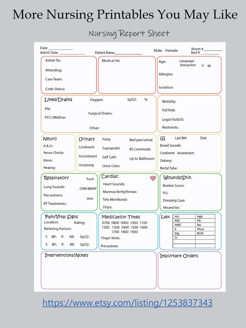 Nursing Shift Organization Sheet, Nurse Day Planner Printable, Hourly ...