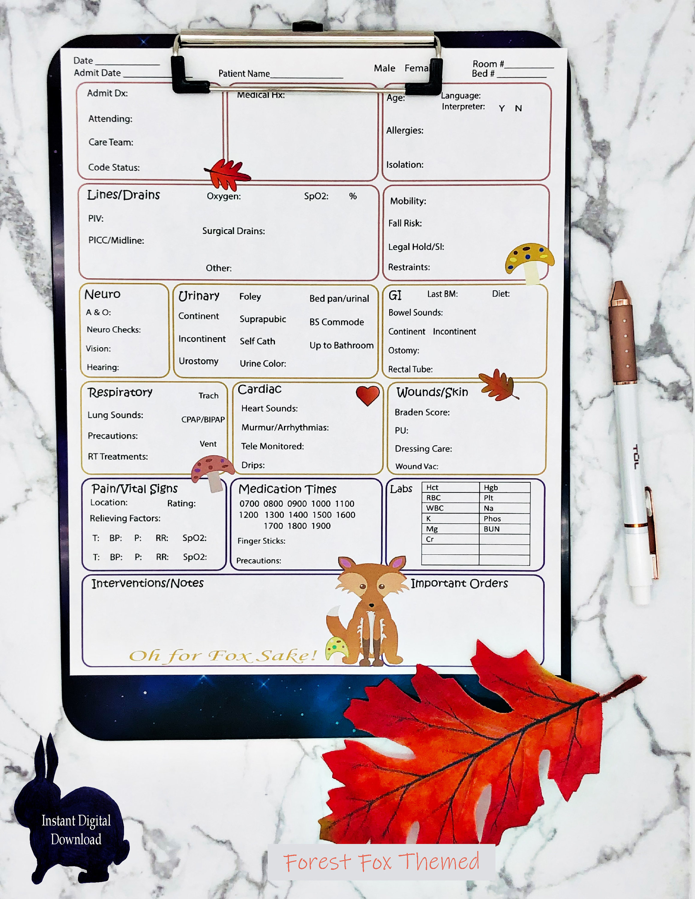 Fall Themed Nursing Report Sheet, Sunflower Nurse Brain, Autumn Med ...