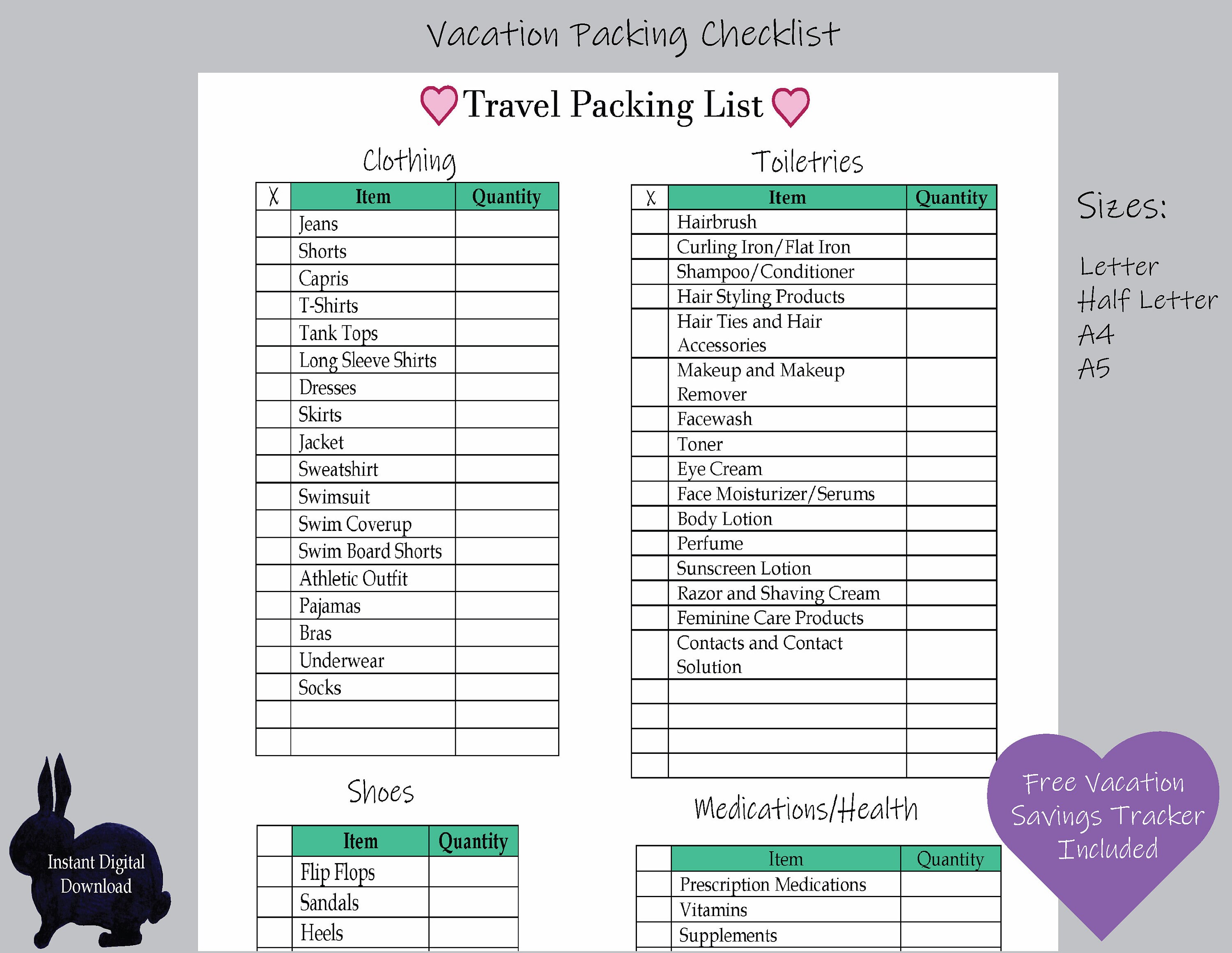 Travel Packing List Printable, Vacay Packing Checklist, Vacation ...