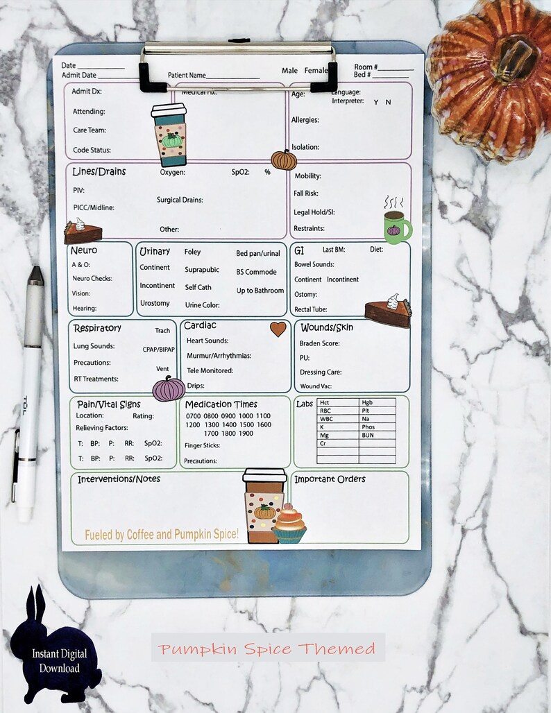 Fall Themed Nursing Report Sheet, Sunflower Nurse Brain, Autumn Med ...