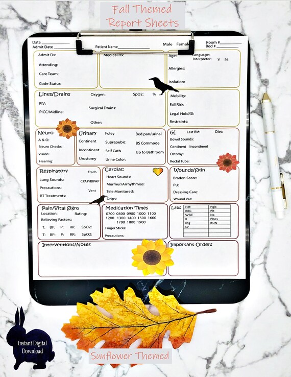 Fall Themed Nursing Report Sheet Sunflower Nurse Brain - Etsy