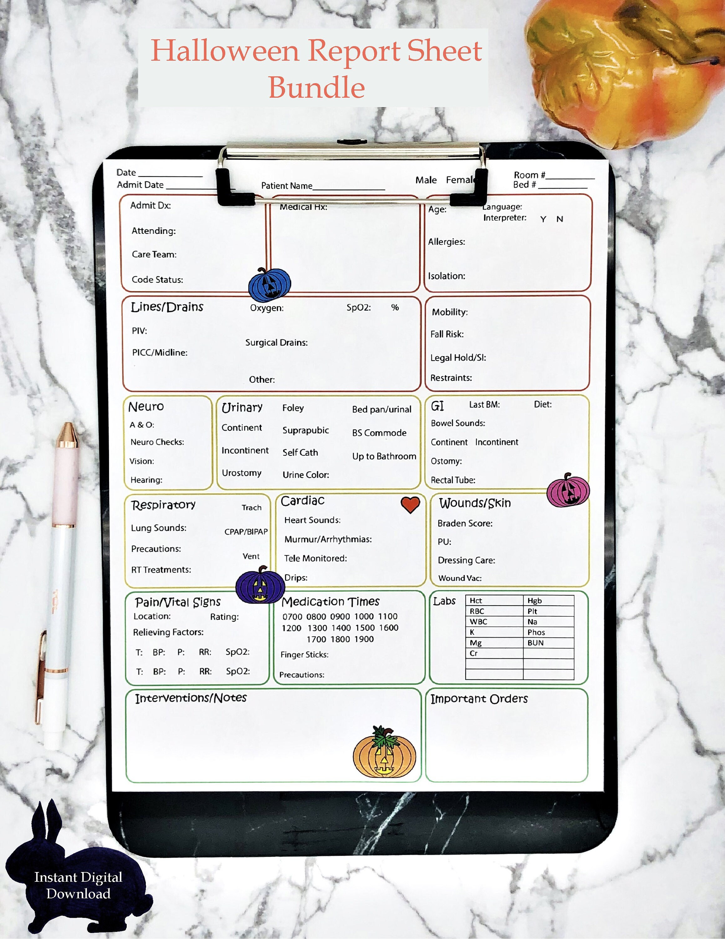 Halloween Themed Nursing Report Sheet, Pumpkin Nurse Brain, Med Surg ...