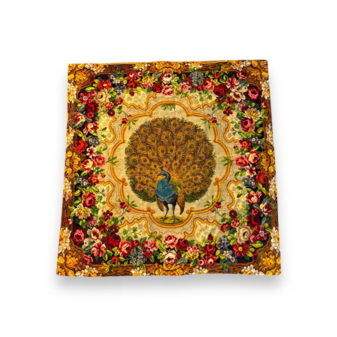Vintage Edwardian Style Embroidered Peacock & Floral Table Carpet ...