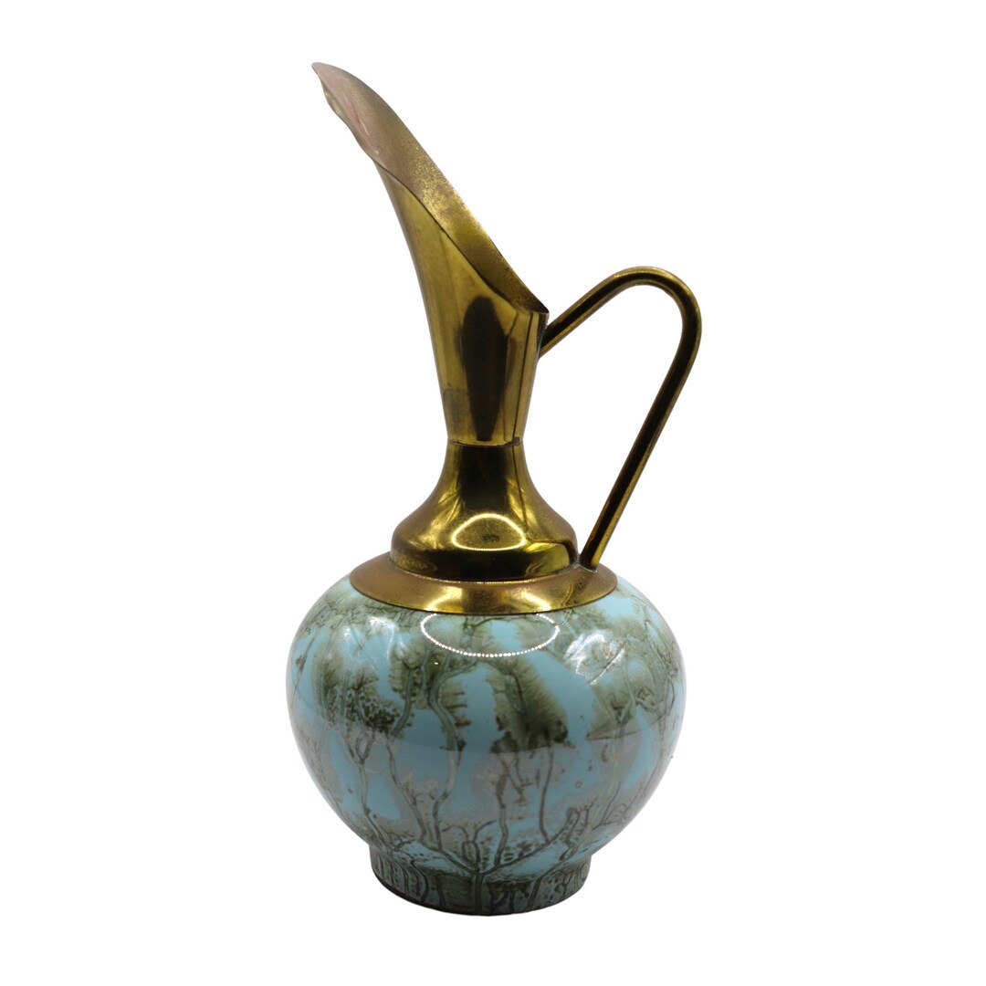 Mid Century Modern Delft Holland Hand Painted Turquoise and Brass Gourd ...