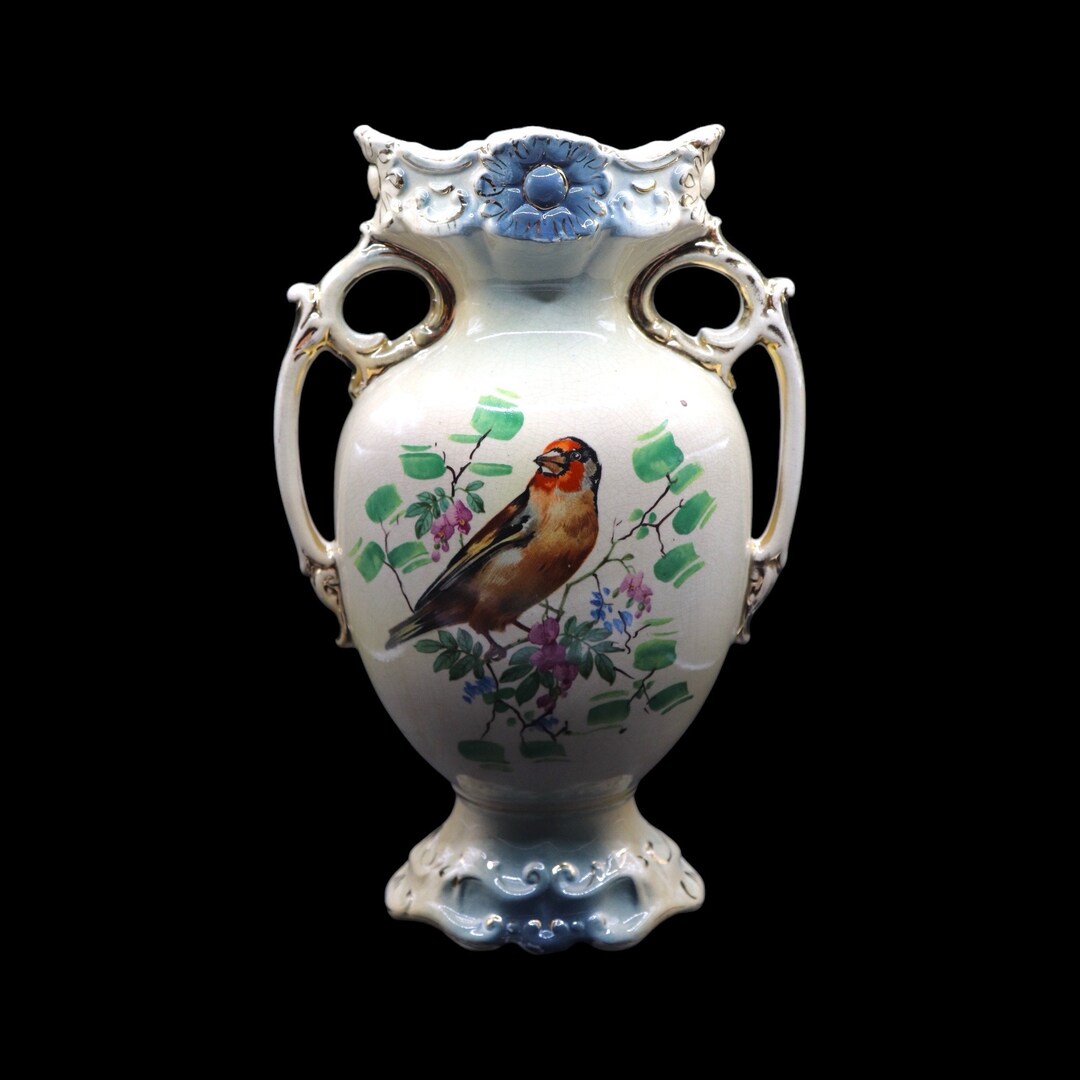 Antique English Art Pottery Handled Bird & Floral Design Vase - Etsy