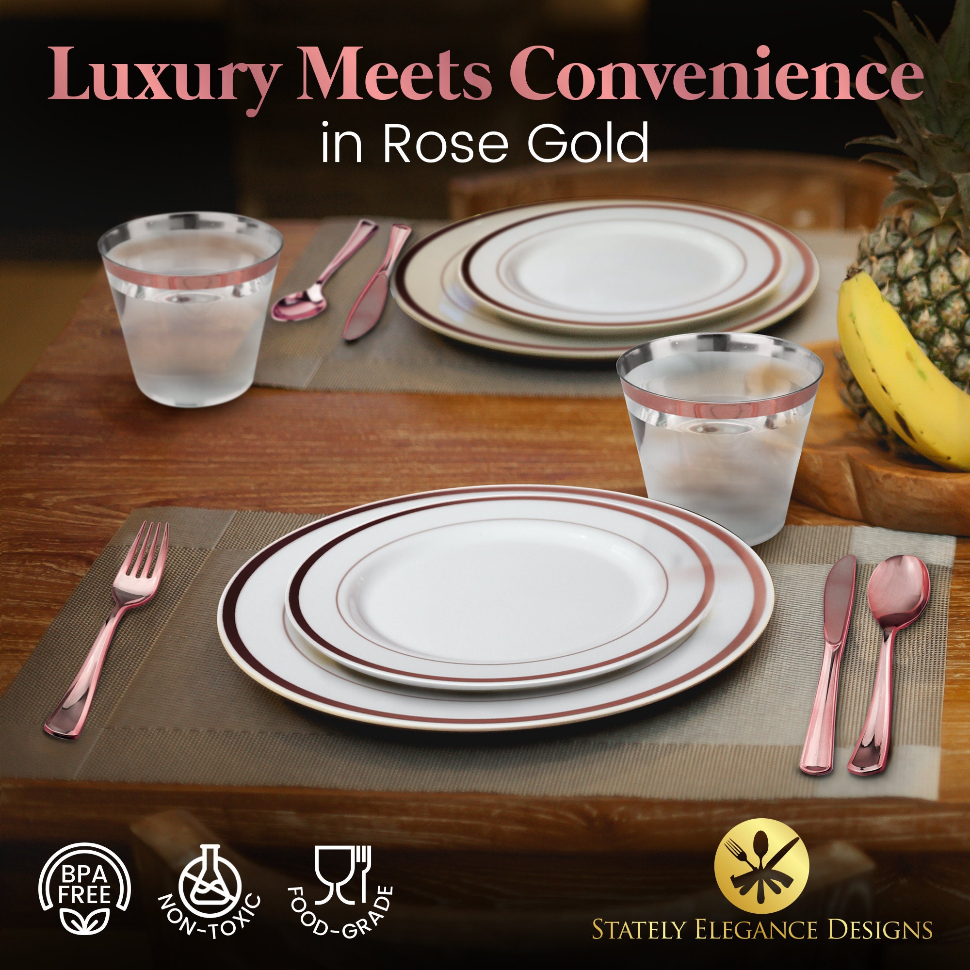 1200 Piece Rose Gold Dinnerware Set - 400 White and Rose Gold Plastic ...