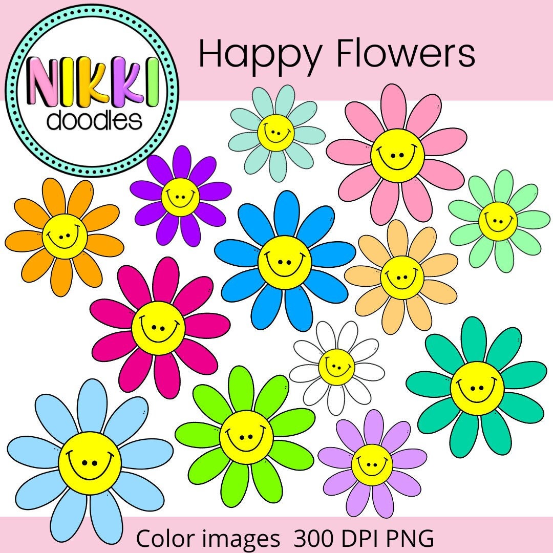 Happy Smiley Flowers Smile Face Clipart Digital Image Retro Preppy ...
