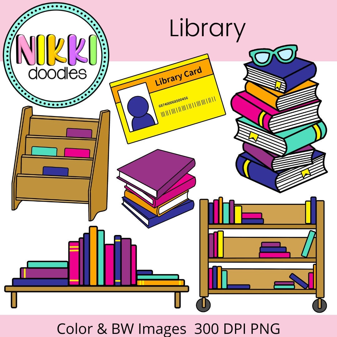 Library School Clipart Digital Image Books Bookshelf Library Card ...