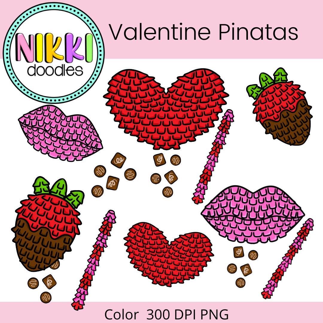 Valentines Pinata Party Clipart, Heart, Kiss Lips, Chocolate Covered ...
