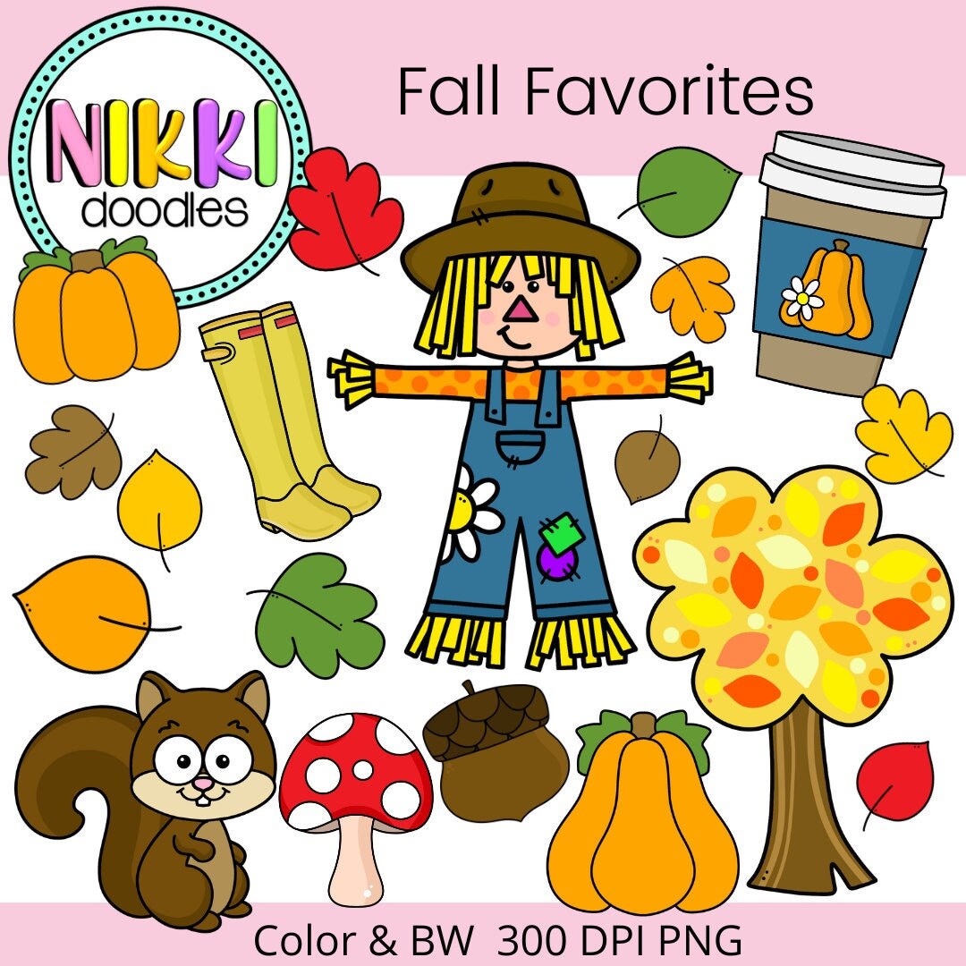 Fall Favorite Clipart Set Scarecrow Mushroom Acorn Squirrel Leaves Tree ...