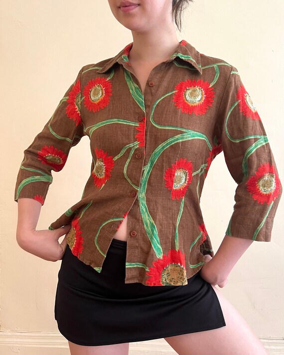 y2k Red Sunflower & Vine Print Linen Button Up Top - Gem