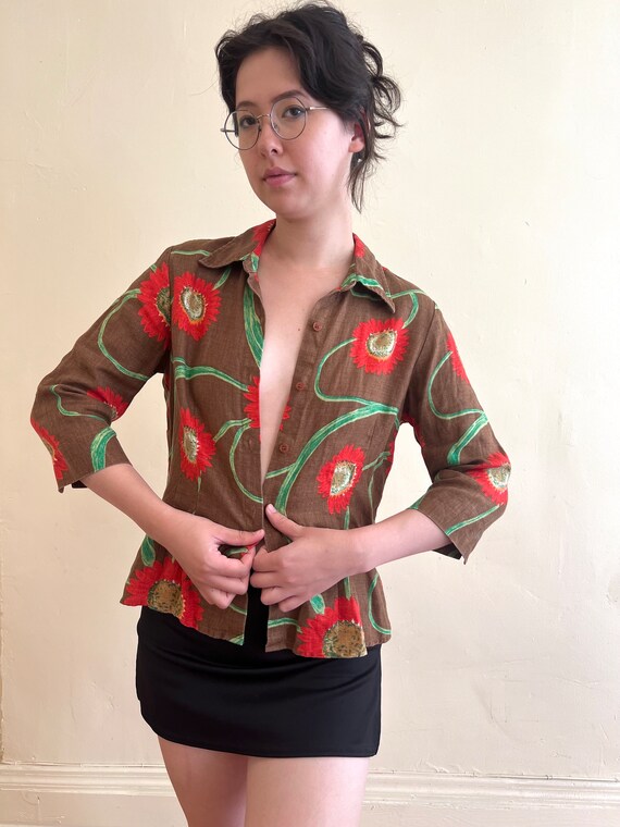 y2k Red Sunflower & Vine Print Linen Button Up Top - Gem