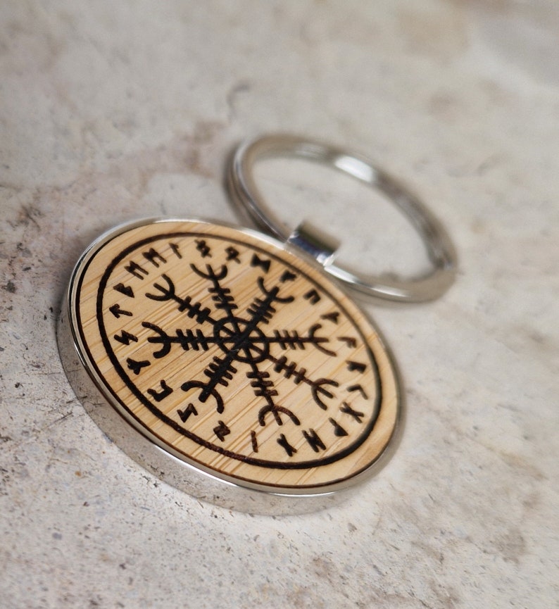 Viking Key Ring Aegishjalmur or Runic Helm of Awe, in Wood and Metal ...