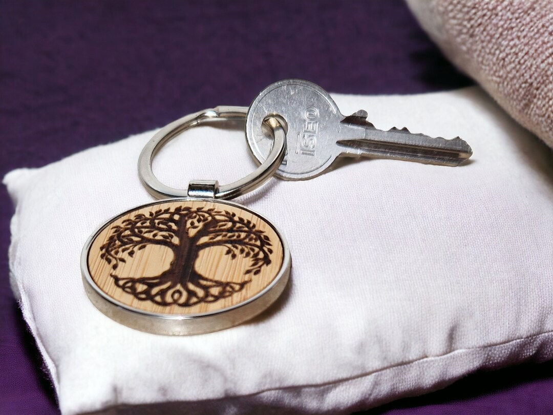 Tree of Life Key Ring in Wood and Metal. Engraved on Bamboo. Beautiful ...