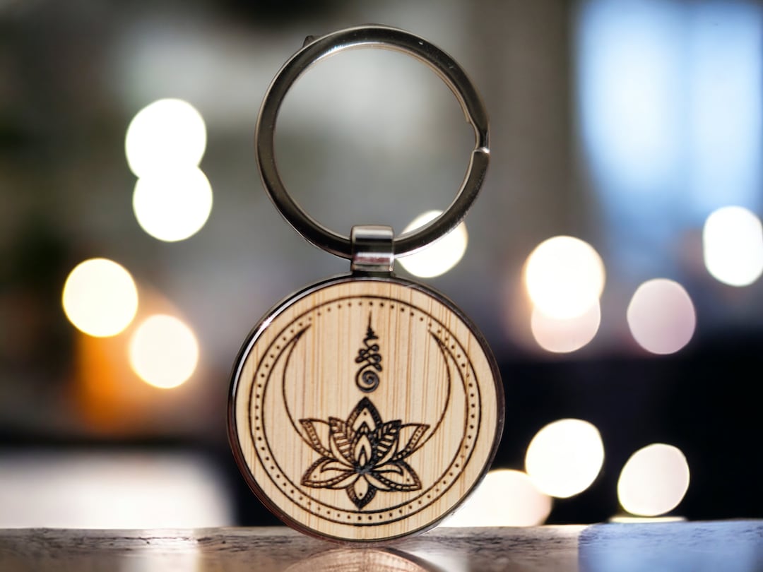 Lotus Flower Keyring and Unalome Symbol Engraved on Wood. Beautiful ...