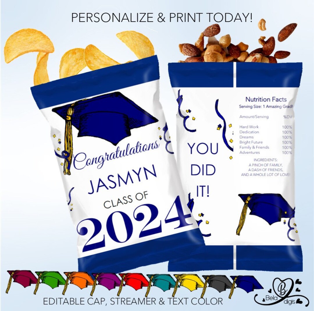 EDITABLE Cap Graduation Chip Bags Personalized Snack Bag Favor High ...