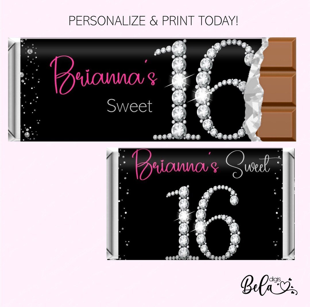 EDITABLE Bling Pink & Black Sweet 16 Sixteen Candy Bar Wrappers ...