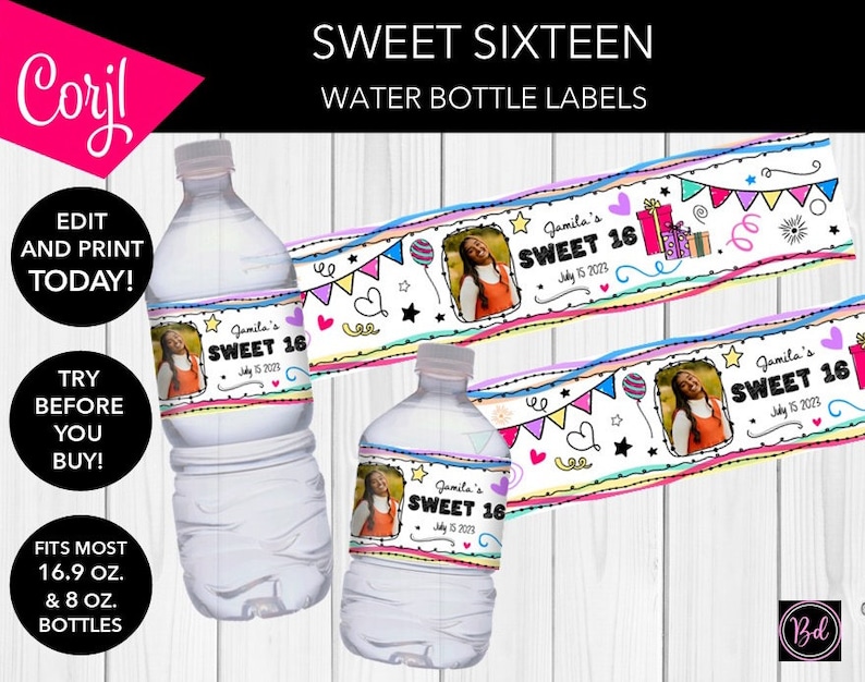 EDITABLE Doodle Design Photo Sweet 16 Sixteen Water Labels Waterproof ...