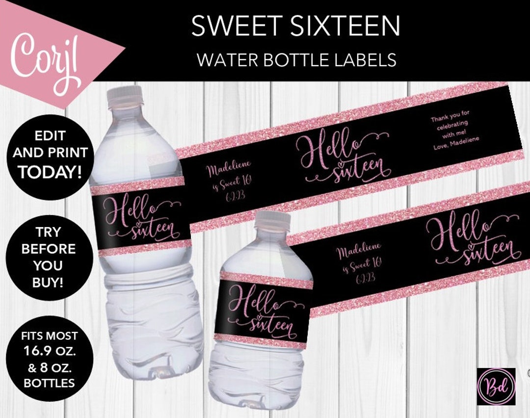 EDITABLE Pink Shimmer Sweet 16 Sixteen Water Labels Waterproof Water ...
