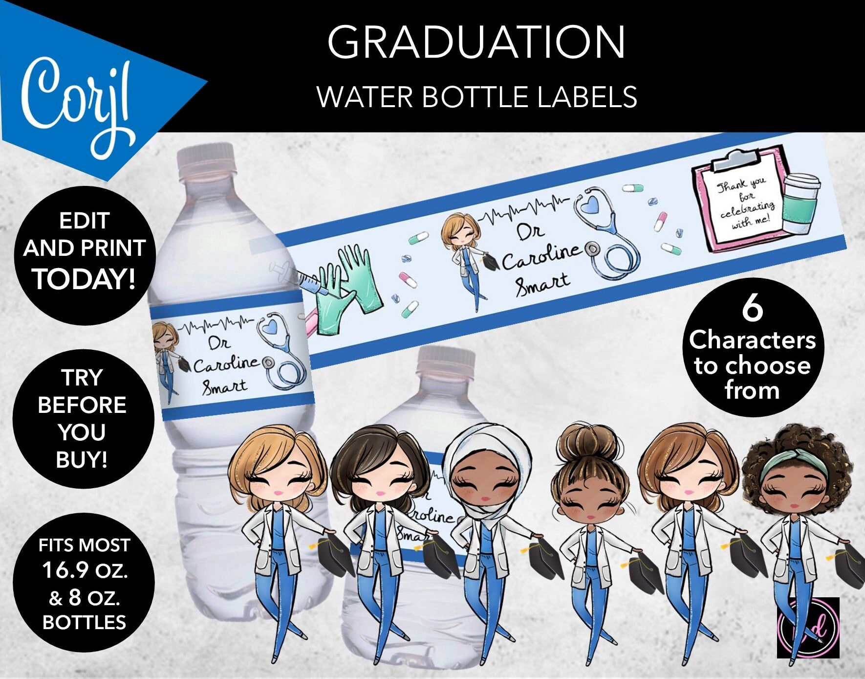Editable Medical School Graduation Custom Water Bottle Labels ...