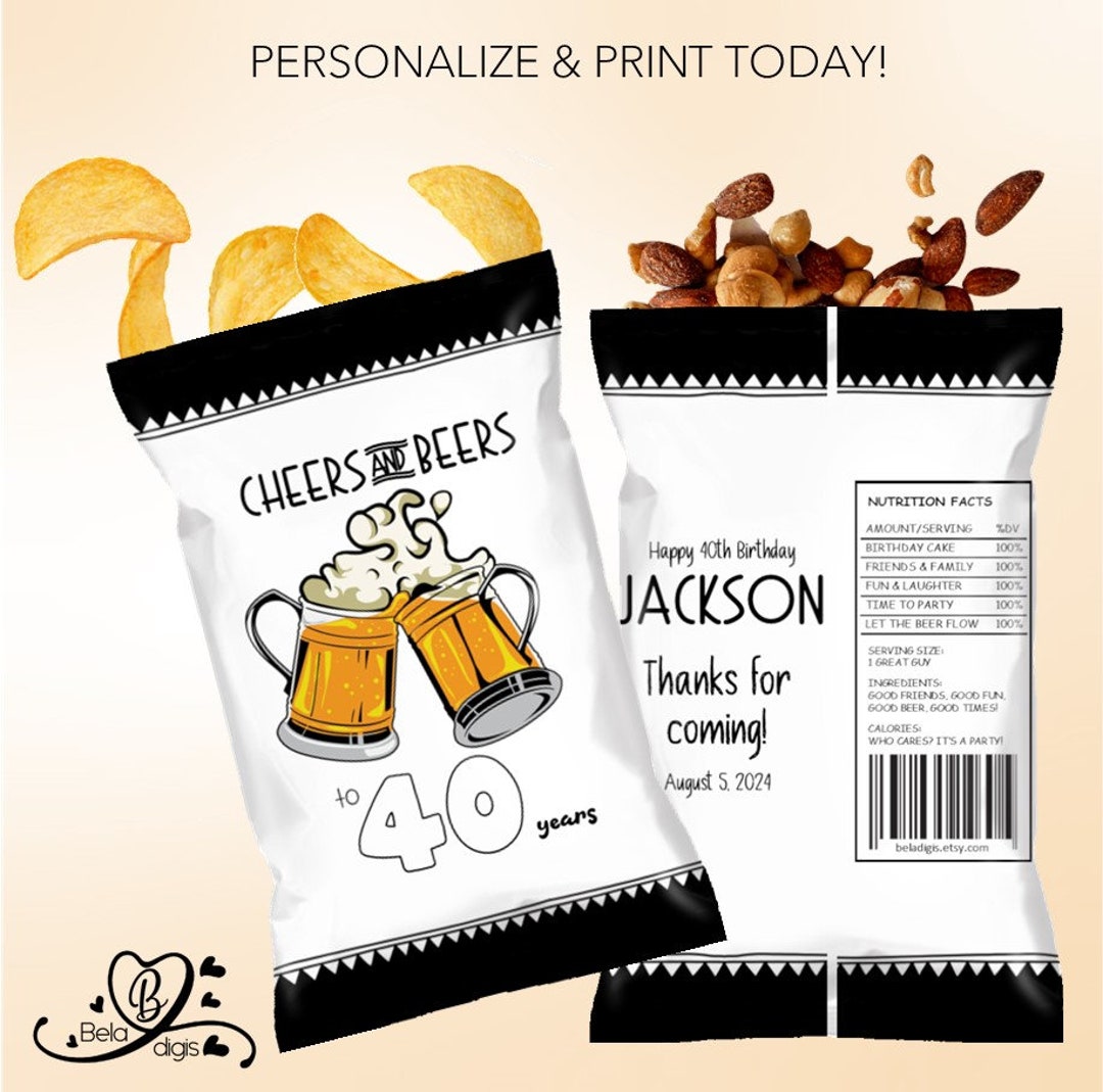 Cheers & Beers Men's Birthday Chip Bags Personalized Snack Bags Party ...